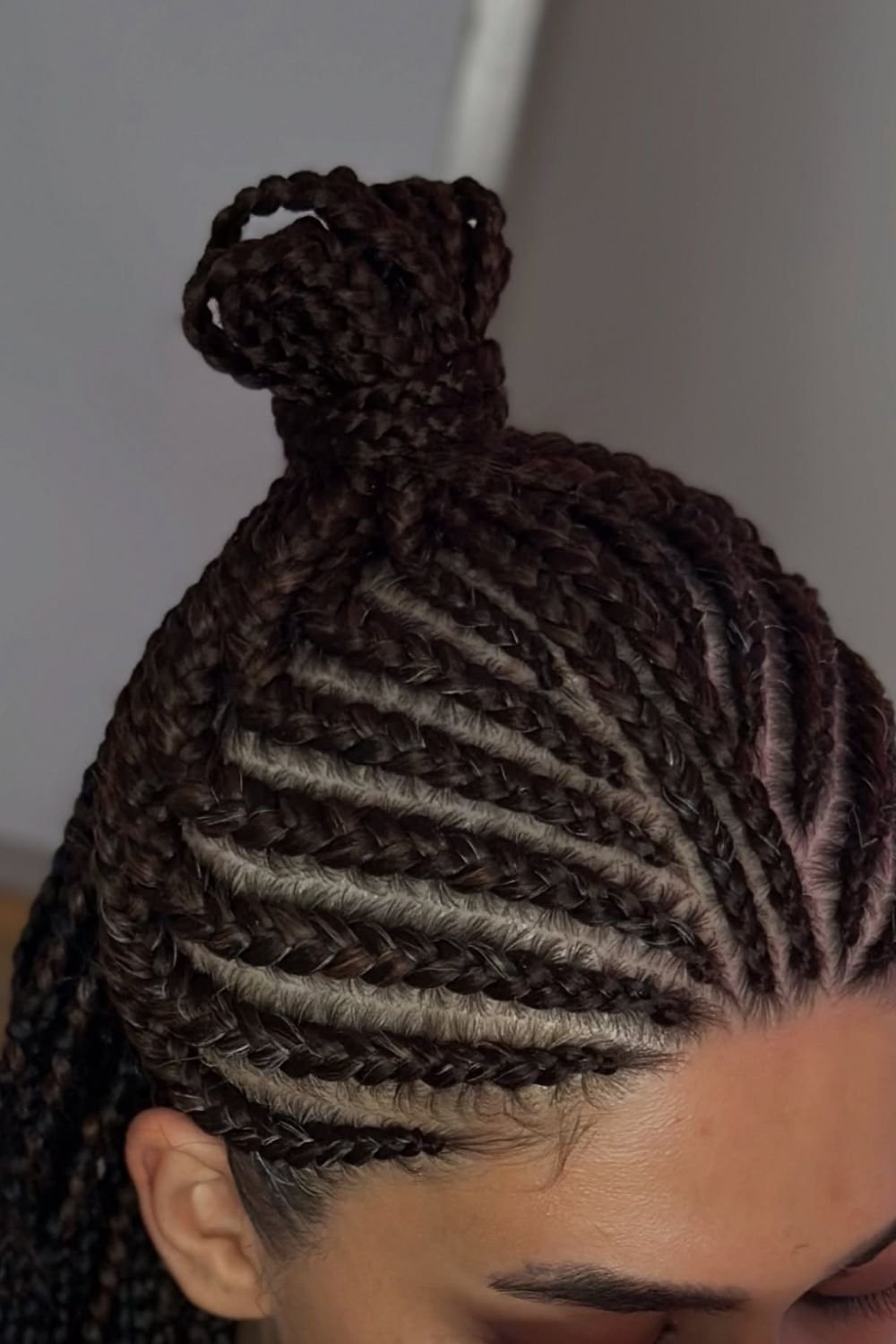Center-Parted Cornrow Braided Style with a Top Bun and Long Hanging Box ...